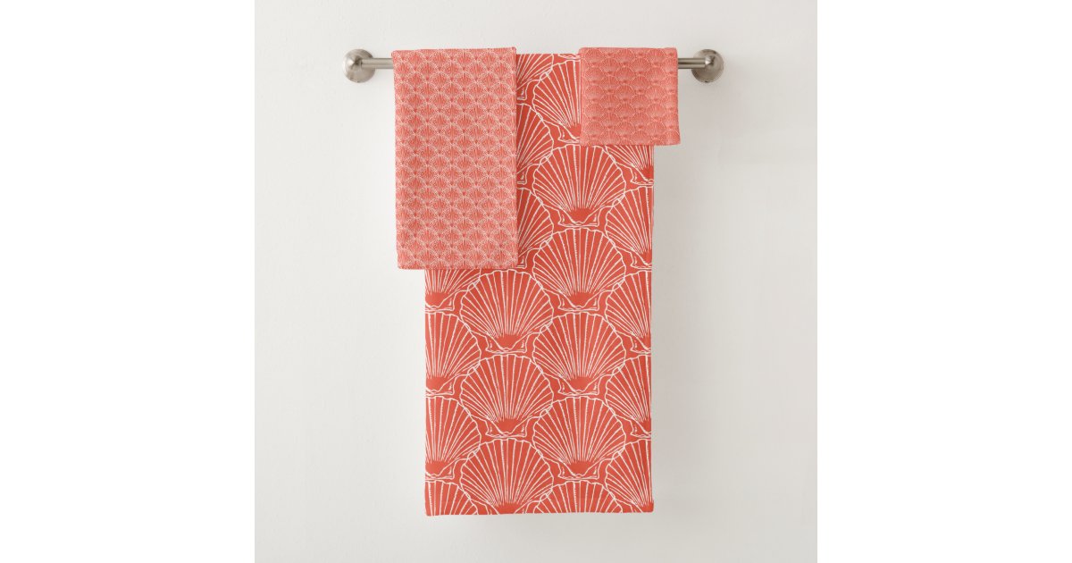 White Sea Shell Pattern Over Orange Beach House Bath Towel Set | Zazzle