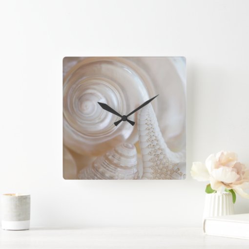 White Seashells Starfish Tropical Beach Sea Shells Square Wall Clock ...