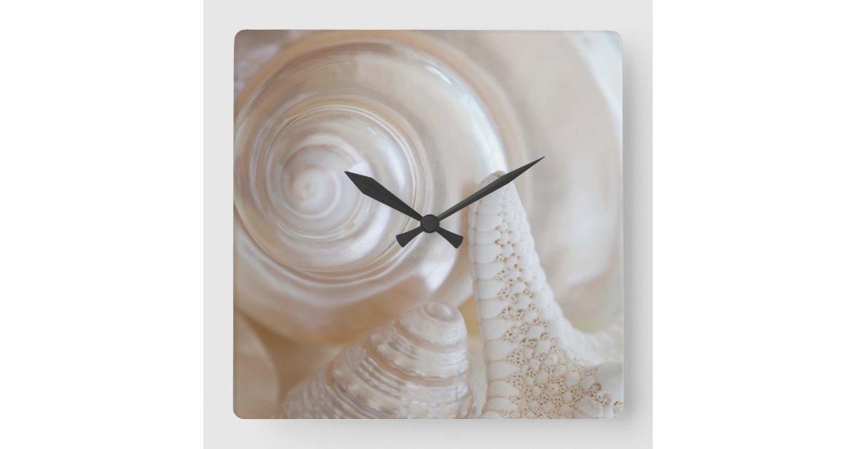 White Seashells Starfish Tropical Beach Sea Shells Square Wall Clock ...