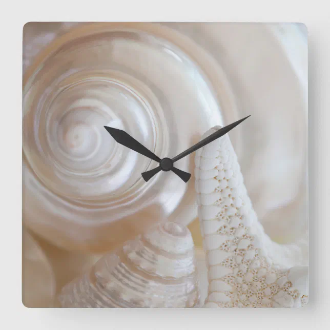 White Seashells Starfish Tropical Beach Sea Shells Square Wall Clock ...