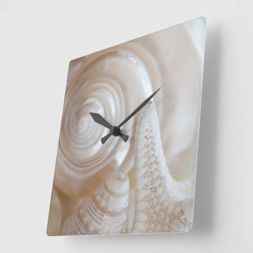 White Seashells Starfish Tropical Beach Sea Shells Square Wall Clock ...