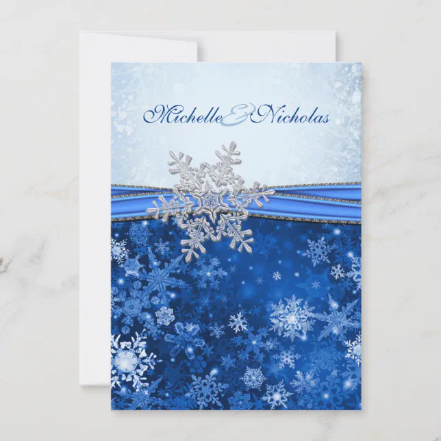 White, silver, blue snowflakes Wedding Invitation | Zazzle