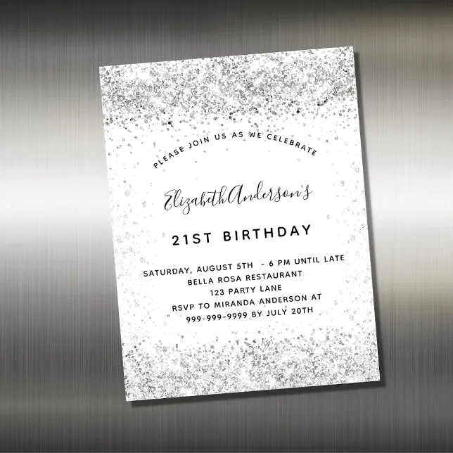 White silver glitter birthday invitation magnet | Zazzle