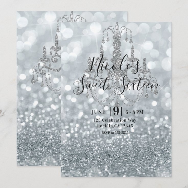 White Silver Glitter Bokeh Glam Chandelier Party Invitation | Zazzle