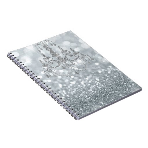 White Silver Glitter Bokeh Glam Chandelier Sparkle Notebook | Zazzle
