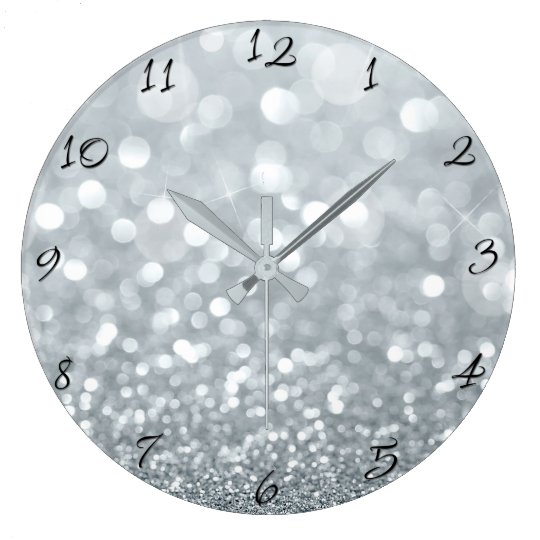 White Silver Glitter Bokeh Glam Trendy Sparkle Large Clock | Zazzle.com
