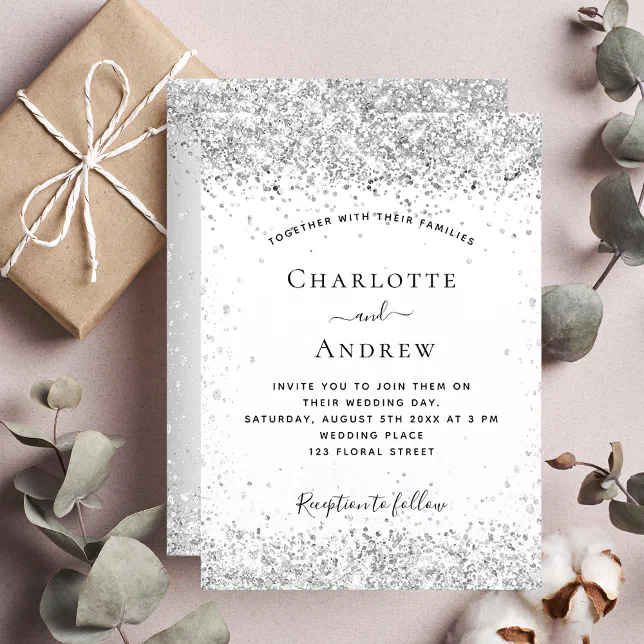 White silver glitter elegant wedding invitation | Zazzle