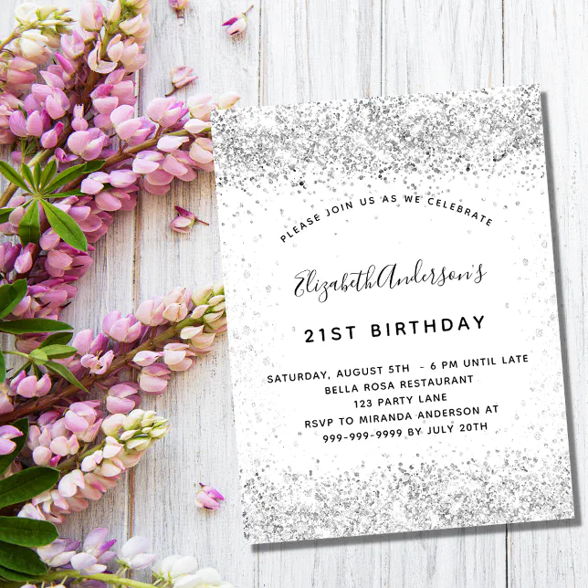 White silver glitter glamorous luxury birthday invitation | Zazzle