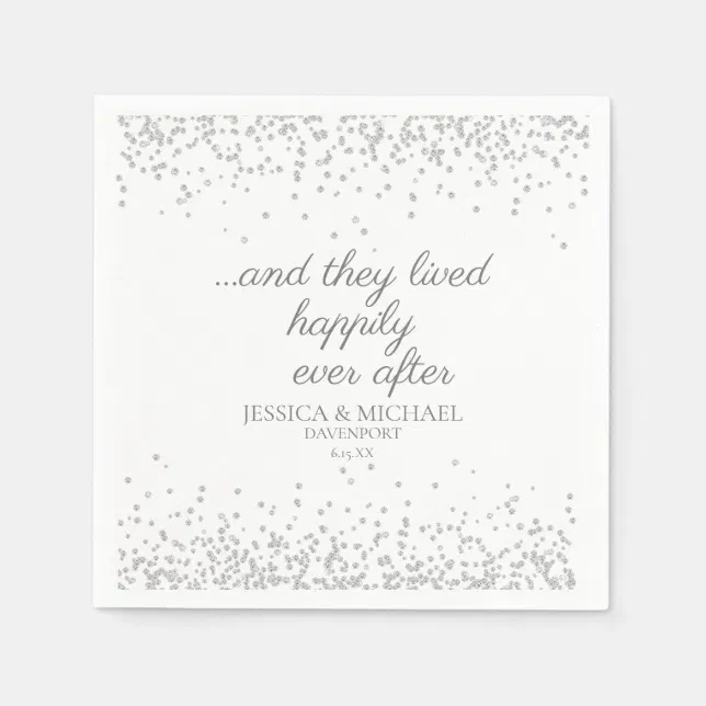 White Silver Glitter Happy Ever After Wedding Napkins | Zazzle