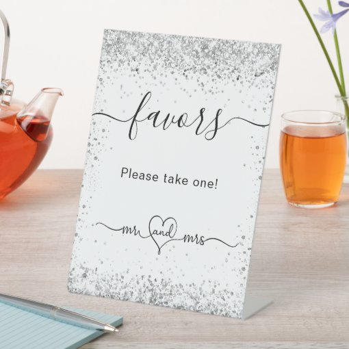 White silver glitter sparkles wedding guest favors pedestal sign | Zazzle