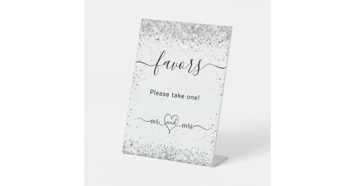 White silver glitter sparkles wedding guest favors pedestal sign | Zazzle
