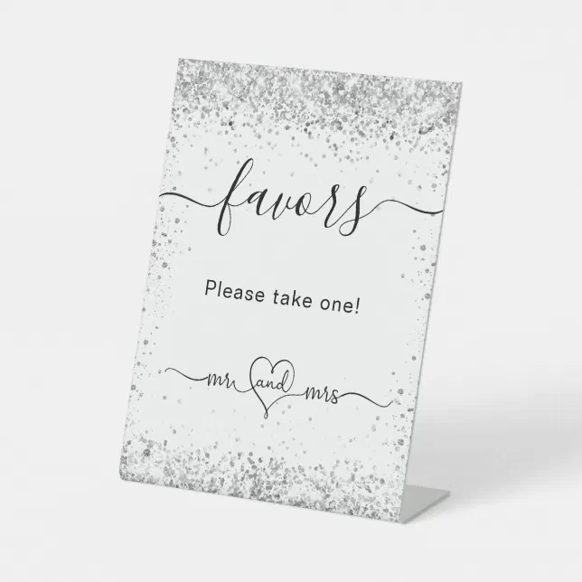 White silver glitter sparkles wedding guest favors pedestal sign | Zazzle