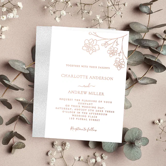 White silver rose gold floral elegant wedding foil invitation | Zazzle