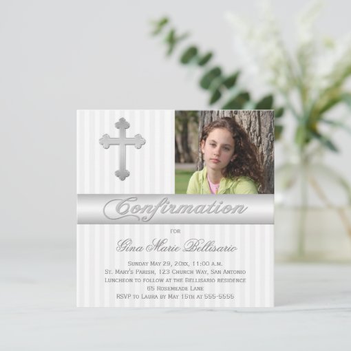White Silver Stripes Confirmation Photo Invitation | Zazzle