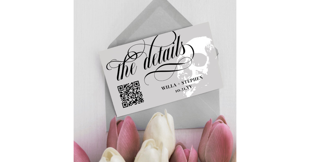 White Skull QR Code Goth Wedding Details Enclosure Card | Zazzle