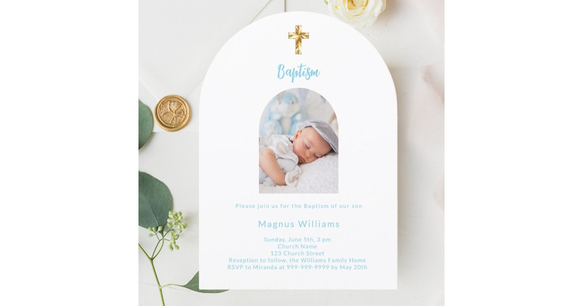 White sky blue baby boy photo arch Baptism Invitation | Zazzle