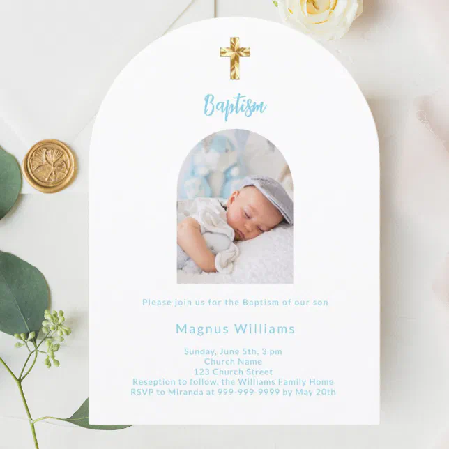 White sky blue baby boy photo arch Baptism Invitation | Zazzle