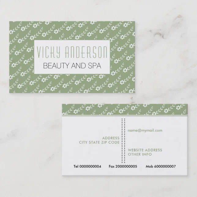 White small flowers sage green floral pattern business card | Zazzle