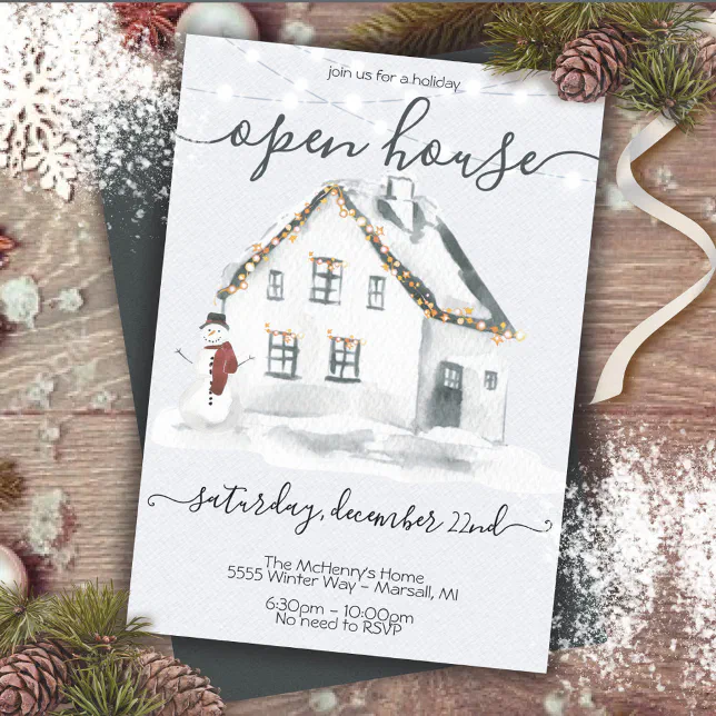 White Snow farmhouse Christmas Open house Party Invitation | Zazzle