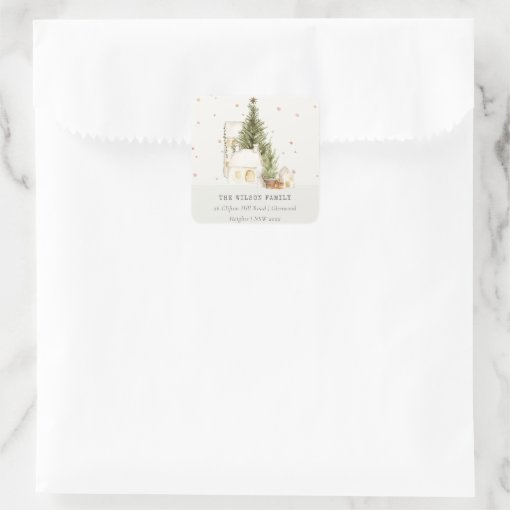 White Snowfall Tree Houses Christmas Address Square Sticker | Zazzle