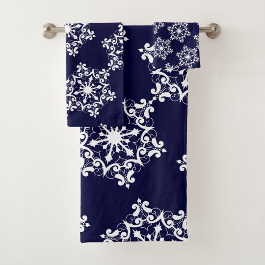 White Snowflake On Dark Blue Bath Towel Set | Zazzle.com