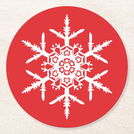White Snowflake Red Holiday Round Paper Coaster | Zazzle.com