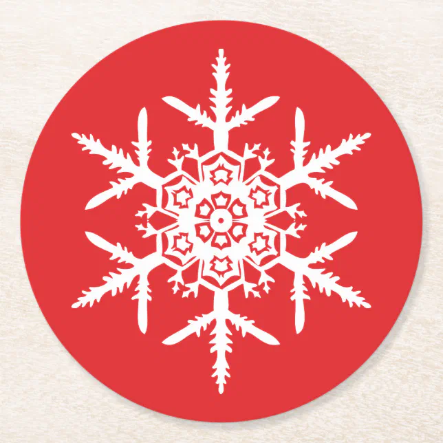 White Snowflake Red Holiday Round Paper Coaster | Zazzle