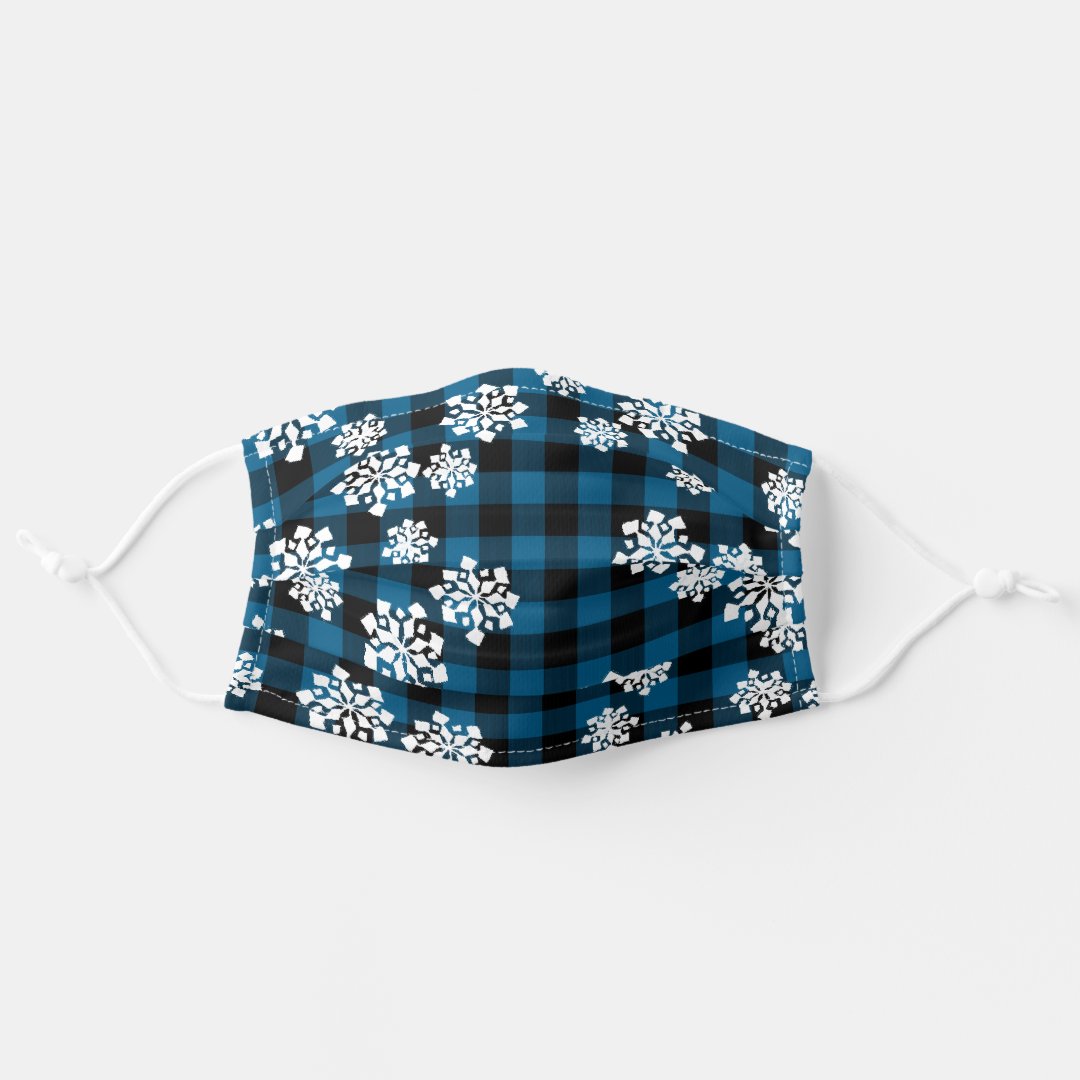 White Snowflakes On Blue Black Buffalo Lumberjack Adult Cloth Face Mask ...