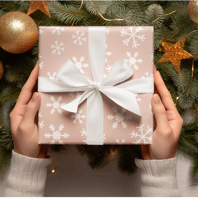 White Snowflakes Pink On Background Christmas Wrapping Paper | Zazzle