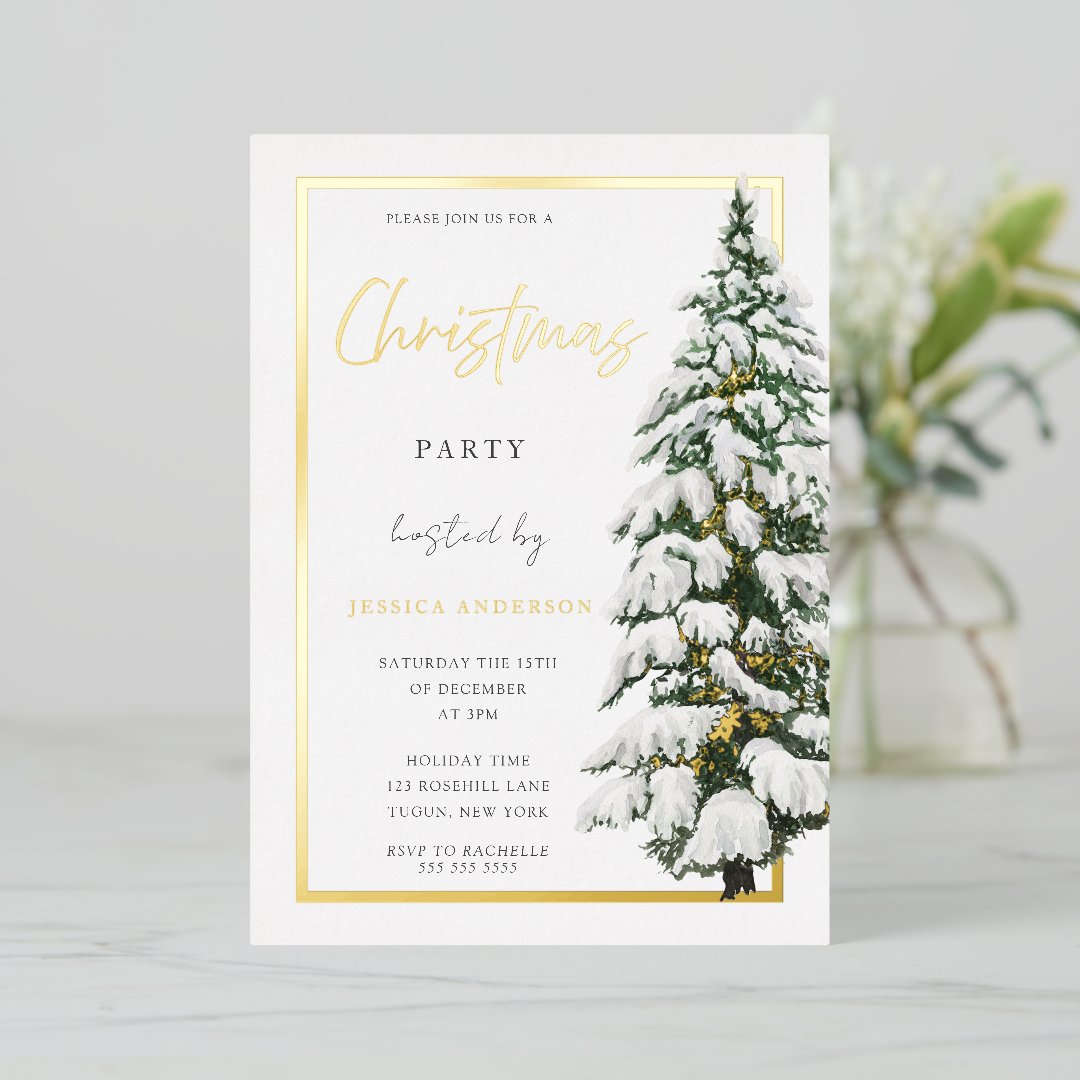 White Snowy Christmas Tree Xmas Party Golden Foil Invitation | Zazzle