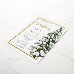White Snowy Christmas Tree Xmas Party Golden Foil Invitation | Zazzle