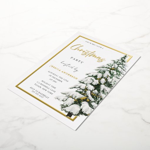 White Snowy Christmas Tree Xmas Party Golden Foil Invitation | Zazzle