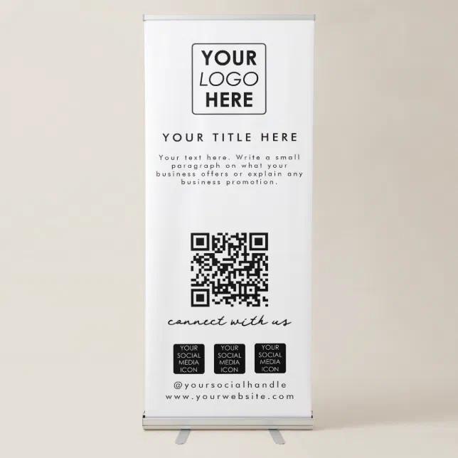 White Social Media QR Code Logo Business Event Retractable Banner | Zazzle