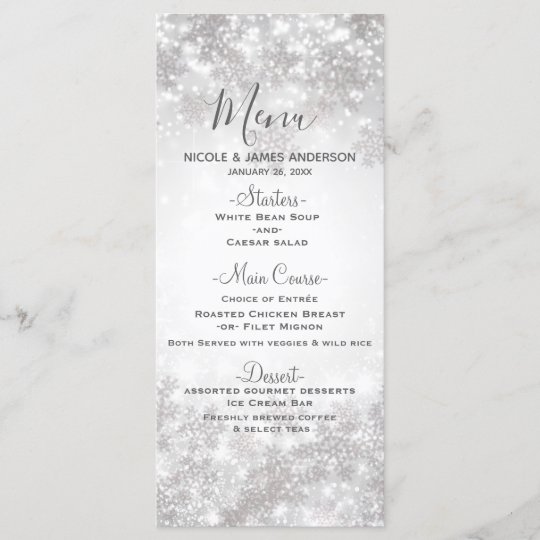 White Sparkle Snowflakes Winter Wedding Menu | Zazzle.com