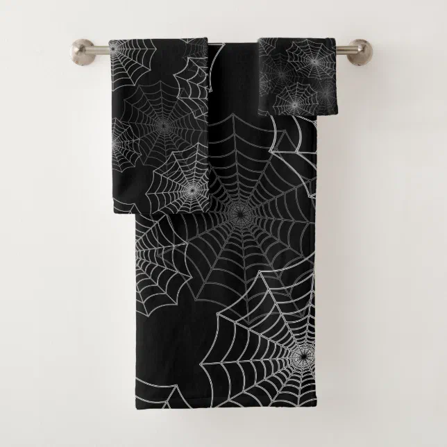 White Spider Web Cobweb Silk Pattern on Black Bath Towel Set | Zazzle