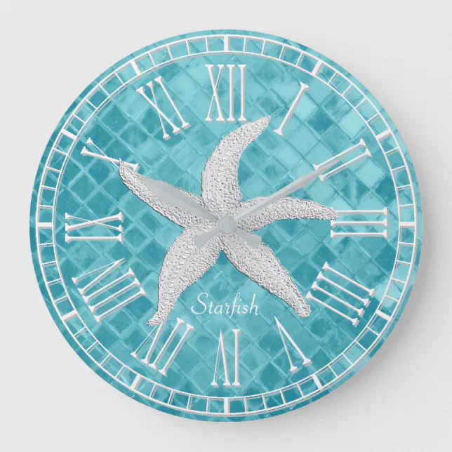 White Starfish Aqua Sea Glass Personalize Large Clock | Zazzle