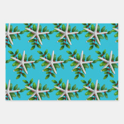 White Starfish n Holly Christmas Aqua Wrapping Paper Sheets | Zazzle