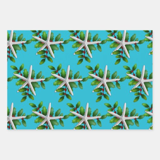 White Starfish n Holly Christmas Aqua Wrapping Paper Sheets | Zazzle