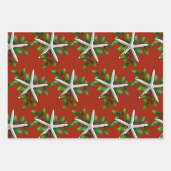 White Starfish n Holly Christmas Red Wrapping Paper Sheets | Zazzle