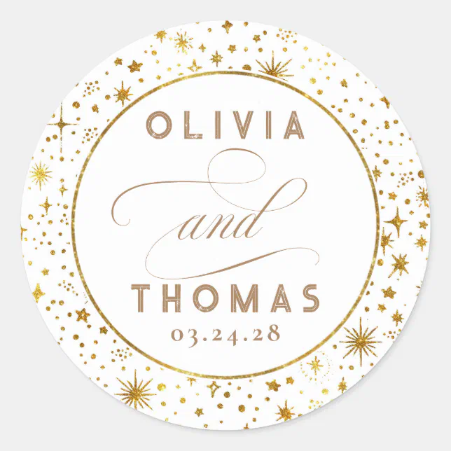 White Starry Night Themed Wedding Classic Round Sticker | Zazzle