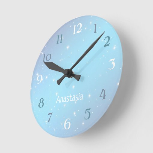 White Stars Over Colorful Sky With Name Round Clock | Zazzle