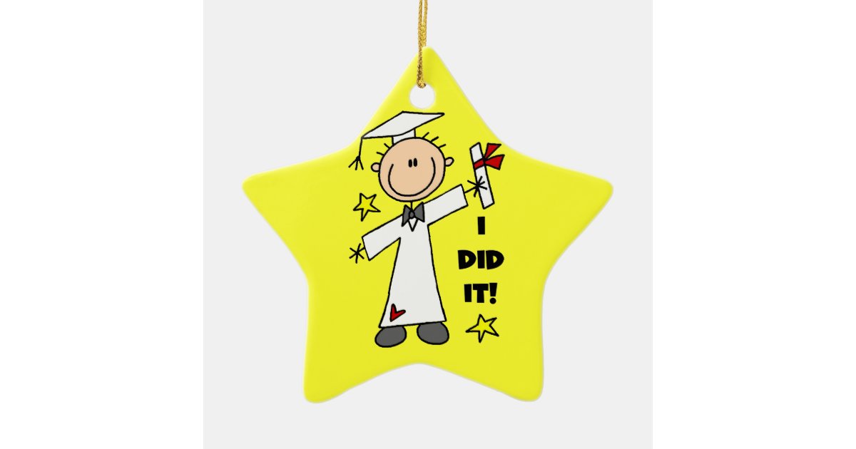 White Stick Figure Male Graduate on Yellow Ceramic Ornament | Zazzle