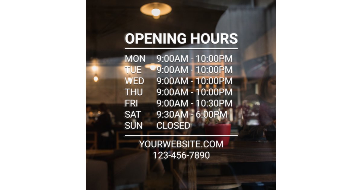White Store Hours Sign Website Phone Window Cling | Zazzle
