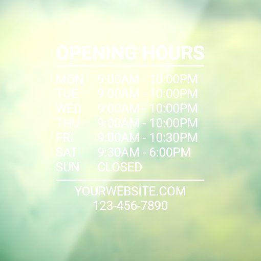 White Store Hours Sign Website Phone Window Cling | Zazzle