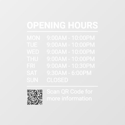 White Store Hours Sign with QR Code Window Cling | Zazzle