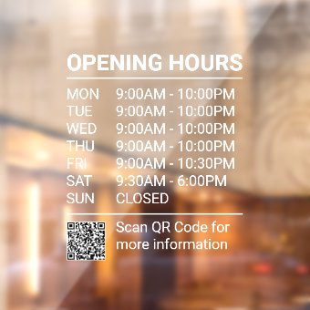 White Store Hours Sign with QR Code Window Cling | Zazzle