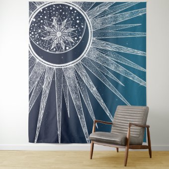 White Sun Moon Mandala Blue Gradient Design Tapestry | Zazzle