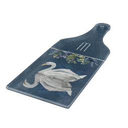 White Swan Blue Reflection Monogram Cutting Board | Zazzle