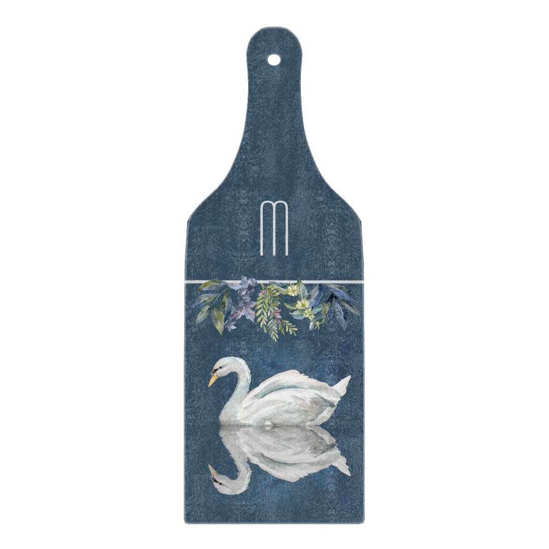 White Swan Blue Reflection Monogram Cutting Board | Zazzle