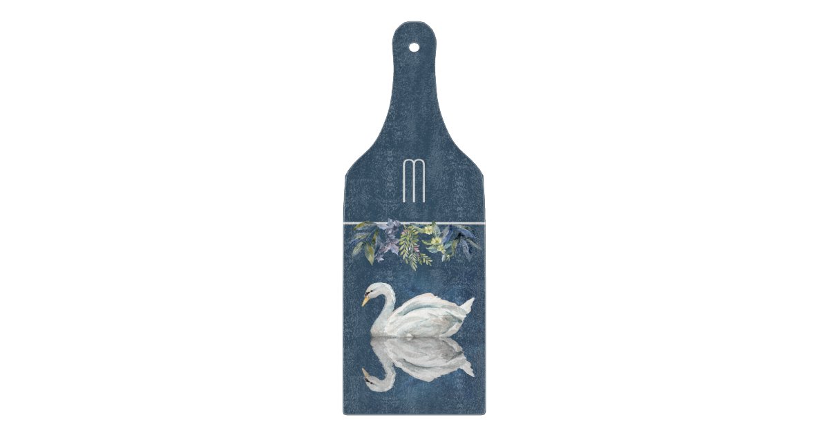 White Swan Blue Reflection Monogram Cutting Board | Zazzle